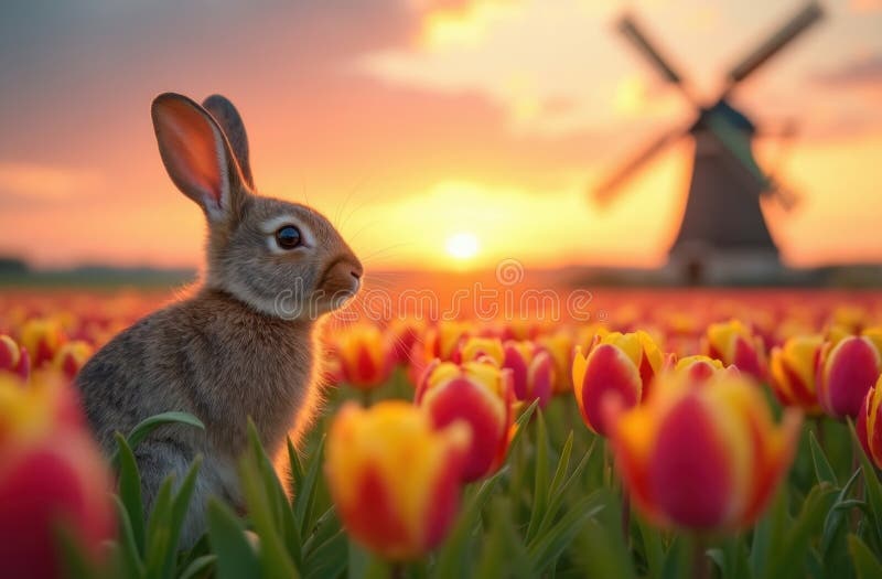 A Rabbit in a Tulipfield with Windmill at 30-12-2024 Stock Illustration ...