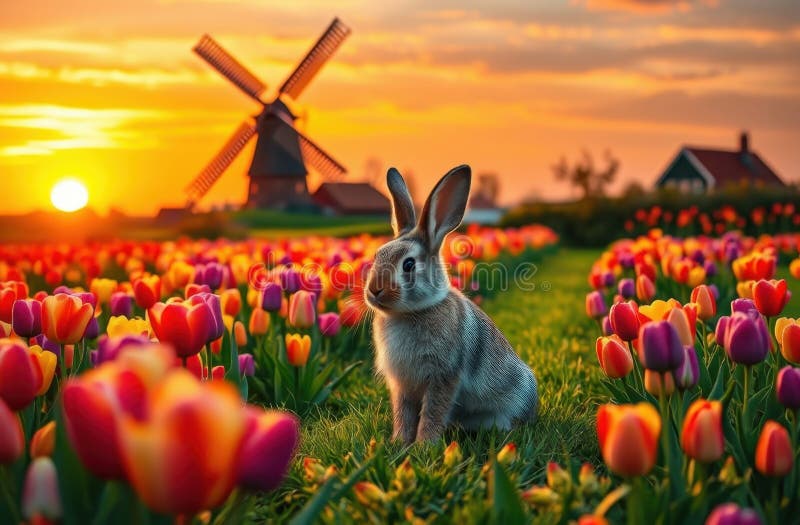 A Rabbit in a Tulipfield with Windmill at 30-12-2024 Stock Illustration ...