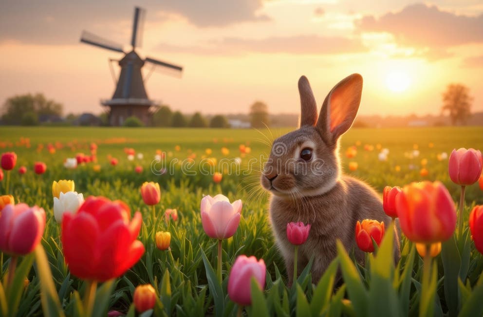 A Rabbit in a Tulipfield with Windmill at 30-12-2024 Stock Illustration ...