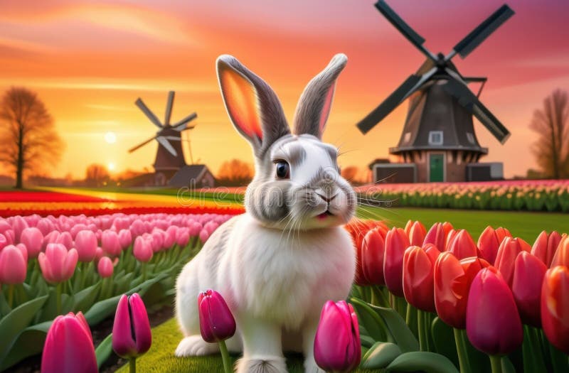 A Rabbit in a Tulipfield with Windmill at 30-12-2024 Stock Illustration ...