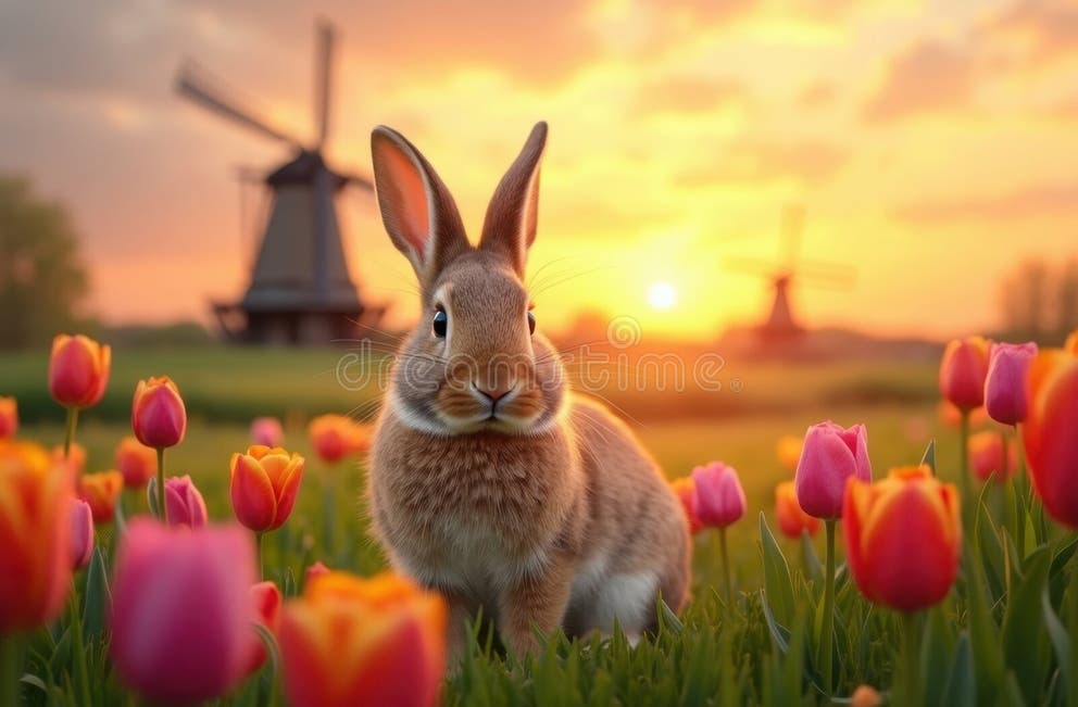 A Rabbit in a Tulipfield with Windmill at 30-12-2024 Stock Illustration ...