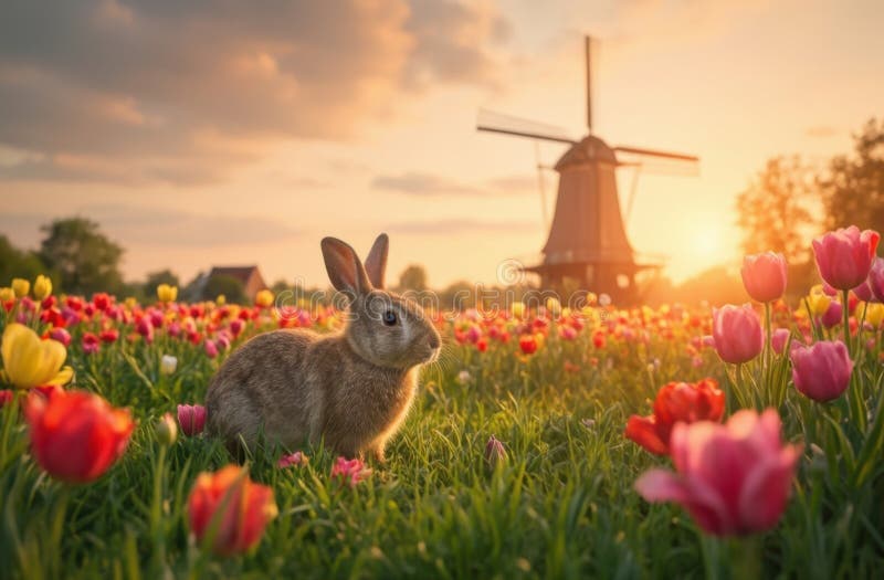 A Rabbit in a Tulipfield with Windmill at 30-12-2024 Stock Illustration ...