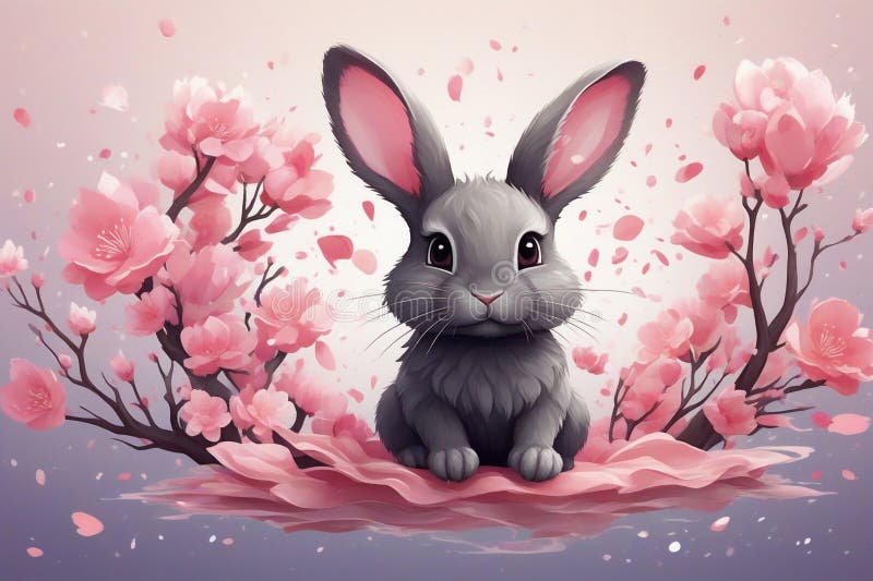 Rabbit in Turning Pink Flowers Artwork for Spring or Easter Stock Photo ...