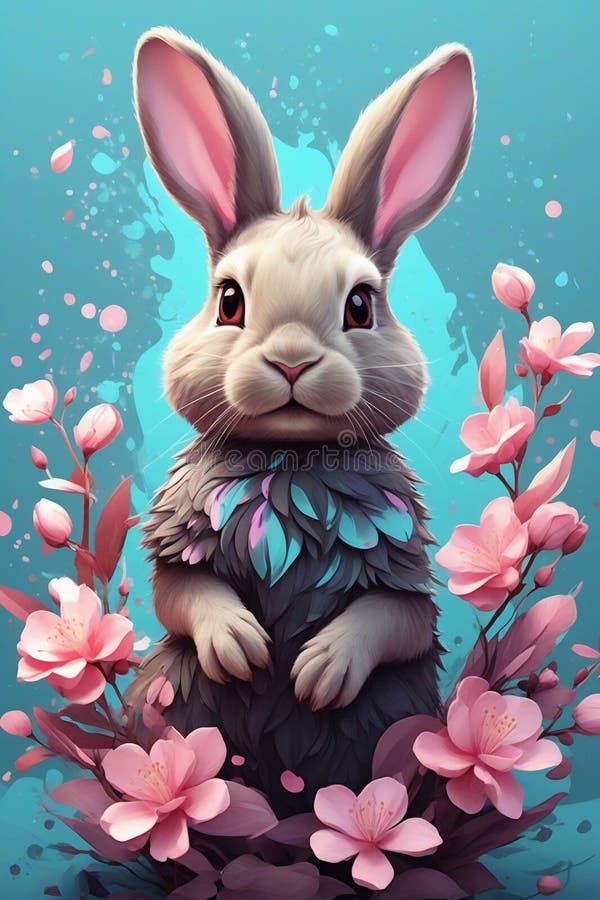 Rabbit in Turning Pink Flowers Artwork for Spring or Easter Stock Image ...