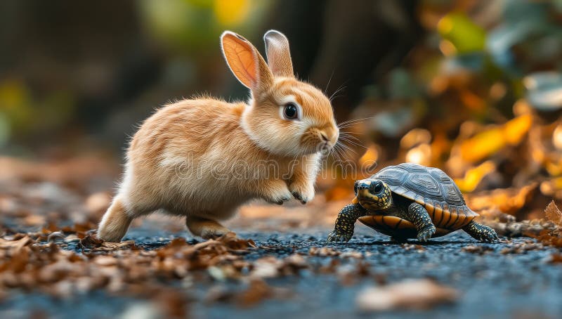 A Rabbit and a Turtle are Running on the Ground Stock Image - Image of ...