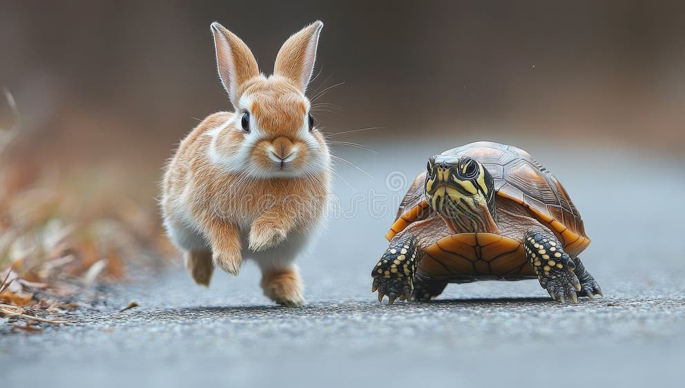 A Rabbit and a Turtle are Running on a Road Stock Photo - Image of ...
