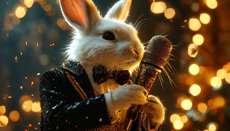 Rabbit in a Tuxedo Holding a Microphone, Performing on Stage Stock ...
