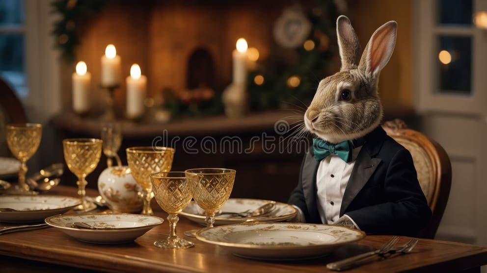Elegant Rabbit in Tuxedo at a Romantic Dinner Stock Illustration ...