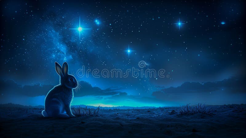 Rabbit Under a Starry Night Sky with Bright Constellations Stock ...