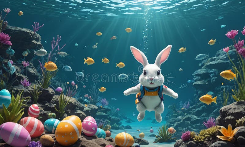 Rabbit in Underwater Scene with Colorful Eggs Stock Illustration ...