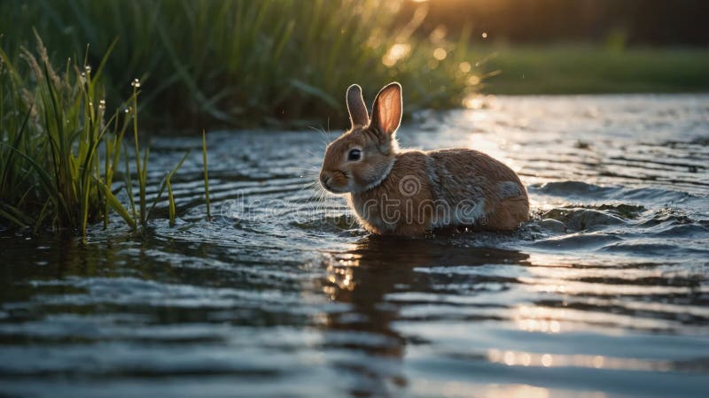 Golden Hour Rabbit in Water: a Peaceful Wildlife Scene Stock ...