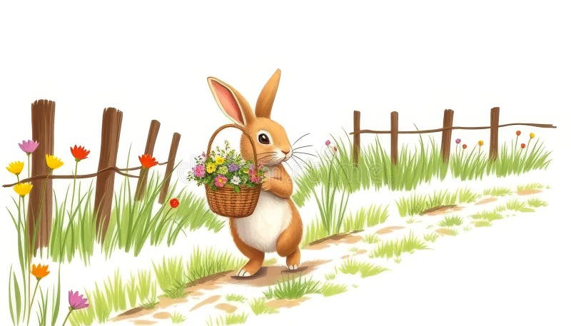 Rabbit is Walking Down a Path with a Basket of Flowers Stock Image ...