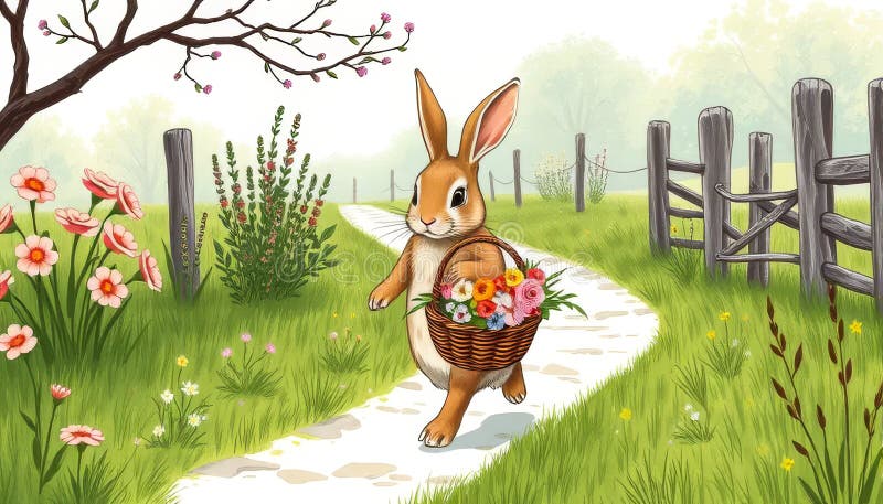 Rabbit is Walking Down a Path with a Basket of Flowers Stock Photo ...