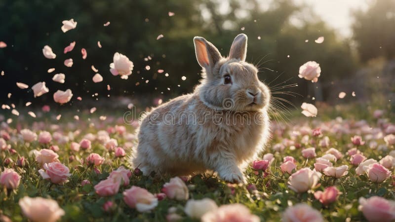 Adorable Fluffy Bunny Rabbit in a Rose Garden at Sunset Stock ...