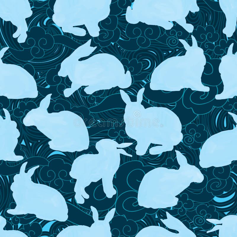 Rabbit Watercolor Blue Cloud Line Seamless Pattern Stock Vector ...