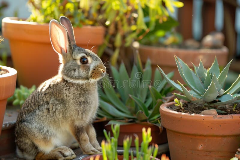 Rabbit with Wayfarers Sitting among Potted Plants Stock Photo - Image ...