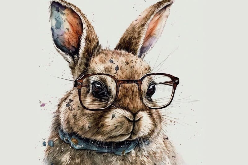 Rabbit Wear Glasses Drawing with Bit of Watercolour Stock Illustration ...