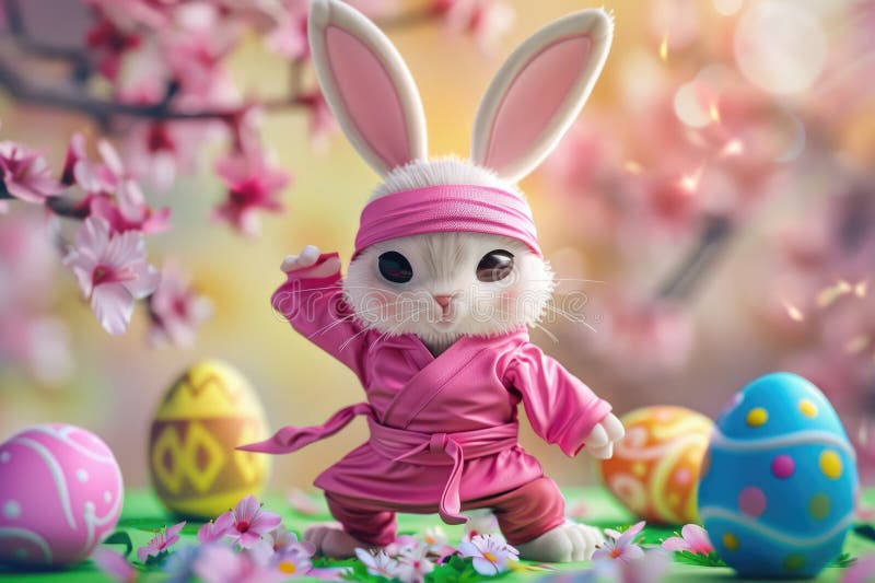 A Rabbit Wear Pink Ninja Suit. Easter Egg. Easter Theme. Stock ...