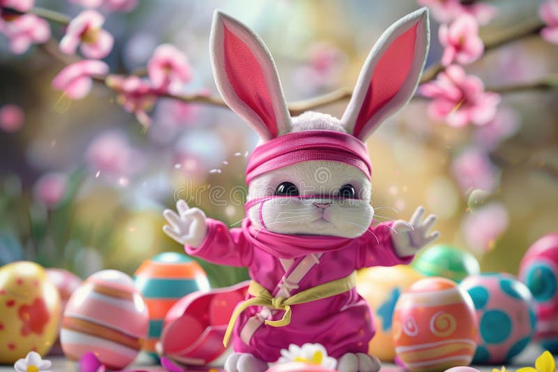 A Rabbit Wear Pink Ninja Suit. Easter Egg. Easter Theme. Stock ...