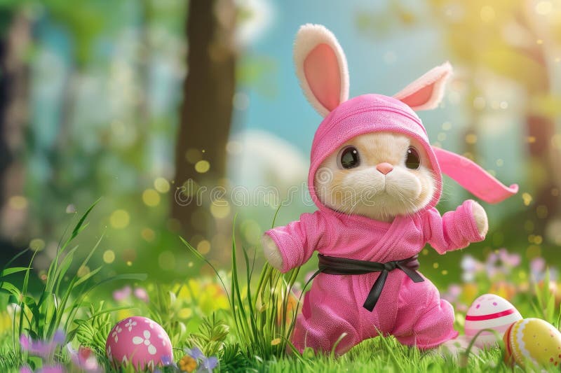 A Rabbit Wear Pink Ninja Suit. Easter Egg. Easter Theme. Stock Photo ...