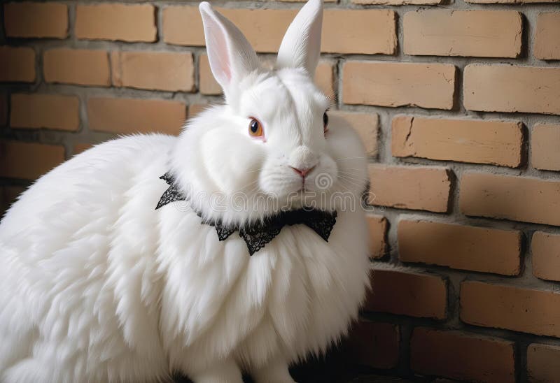 Rabbit Wearing a Black Lace Collar and Sitting in Front of a Brick Wall ...