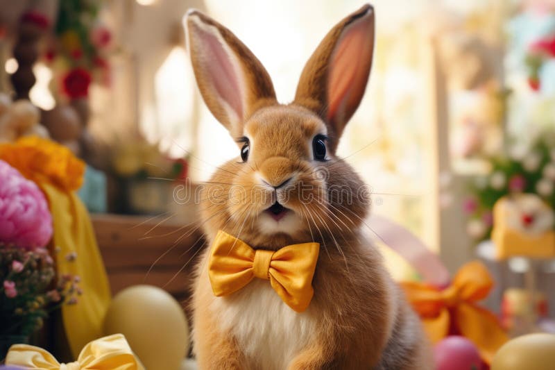 A Rabbit Wearing a Bow Tie Sitting on a Table. Can Be Used for Various ...