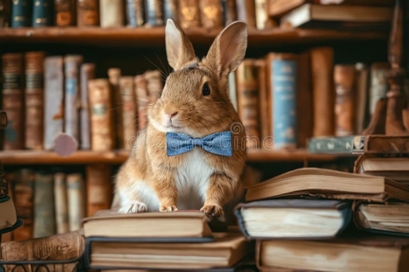 A Rabbit Wearing a Bow Tie Sitting on Top of a Pile of Books ...
