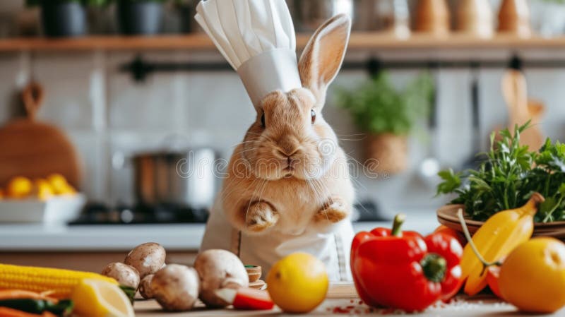 A Rabbit Wearing a Chef S Hat Standing in Front of Vegetables, AI Stock ...