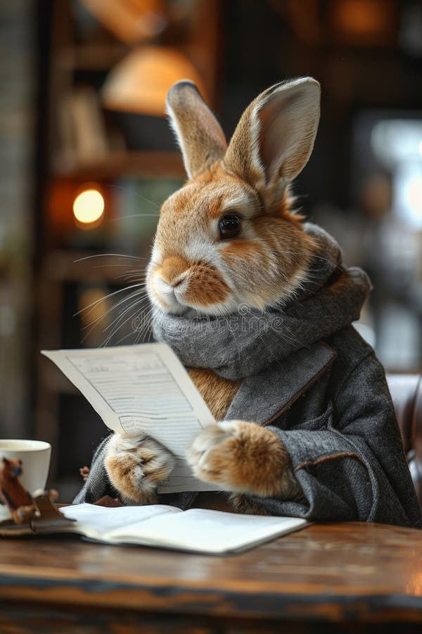 A Rabbit Wearing a Coat and Reading Something at the Table, AI Stock ...