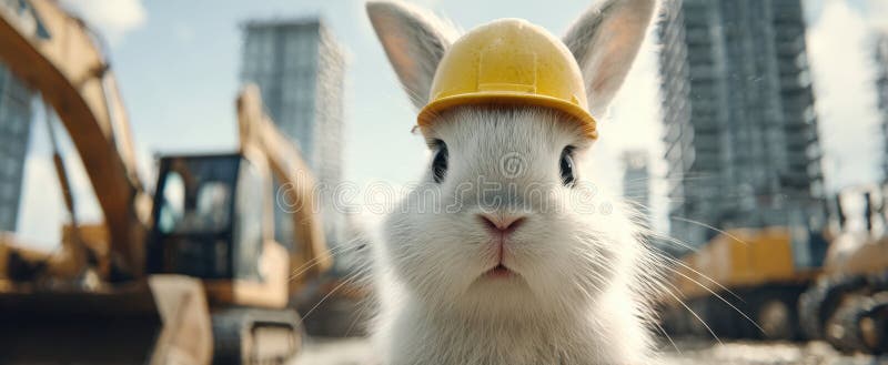 Rabbit in a Helmet of a Worker at a Construction Site Stock Photo ...