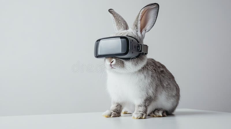 Rabbit Wearing Futuristic Vr Goggles Sitting Minimalist White Stock ...
