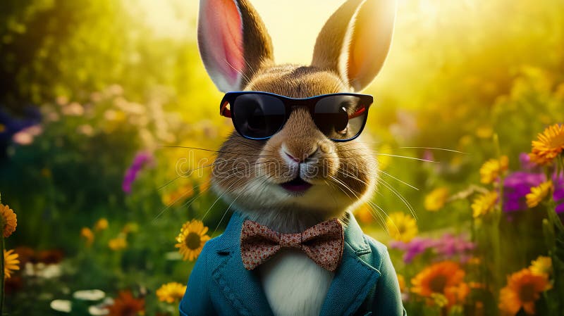 Rabbit Wearing Glasses and Bow Tie Standing in Field of Flowers Stock ...