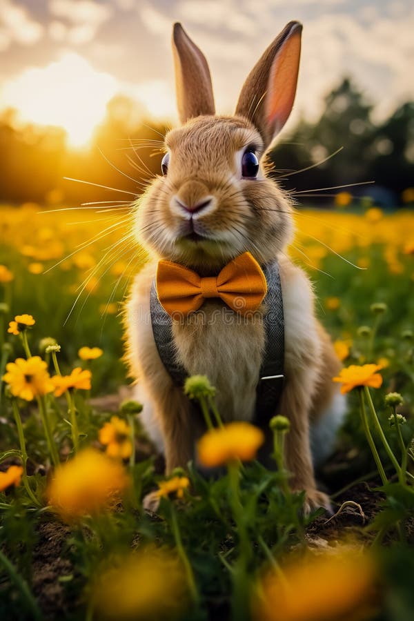 Rabbit Wearing Glasses and Bow Tie Standing in Field of Flowers Stock ...