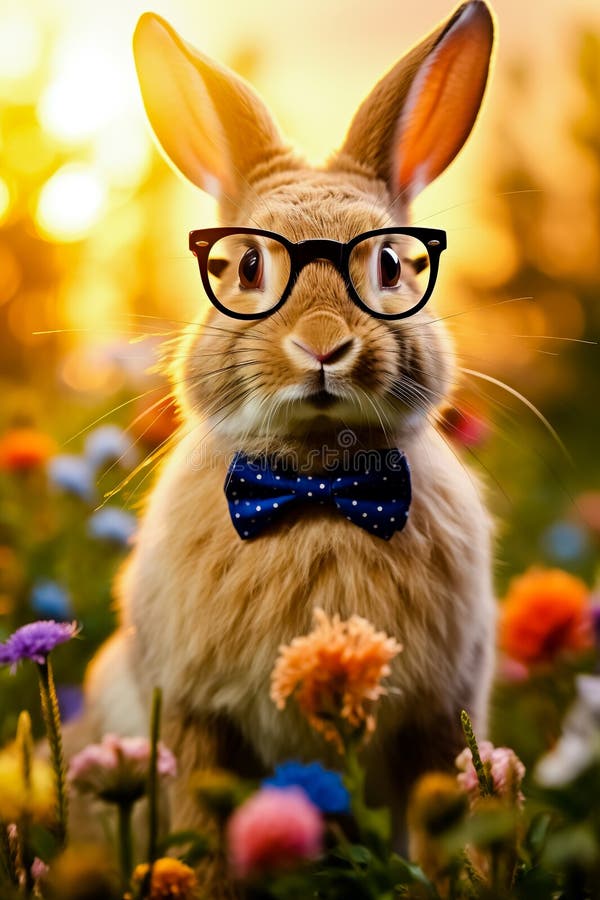 Rabbit Wearing Glasses and Bow Tie Standing in Field of Flowers Stock ...