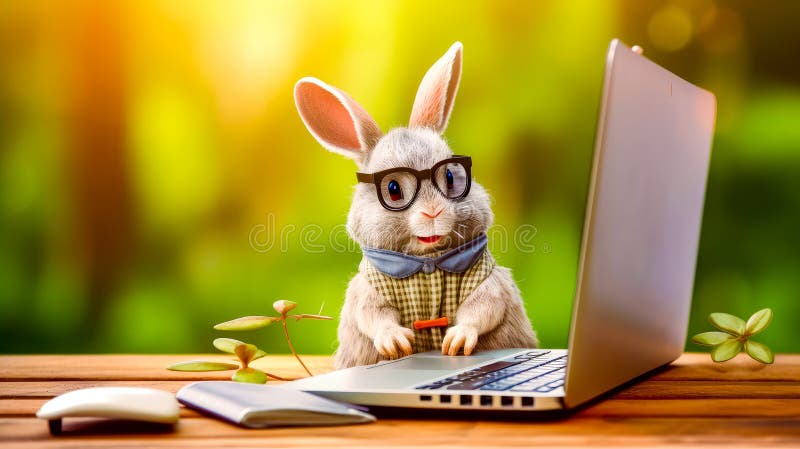 Rabbit Wearing Glasses Sitting in Front of Laptop. Generative AI Stock ...