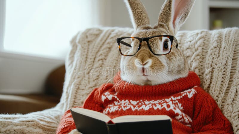 A Rabbit Wearing Glasses and a Sweater Reading a Book, AI Stock Image ...