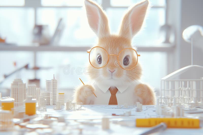 Creative Rabbit Working in an Office Surrounded by Miniature City ...
