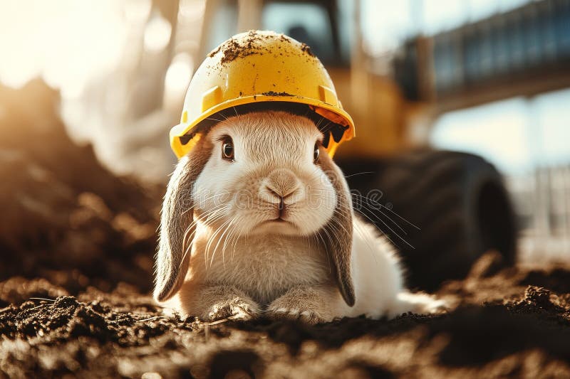 Rabbit Wearing Hard Hat on Construction Site with Machinery in ...