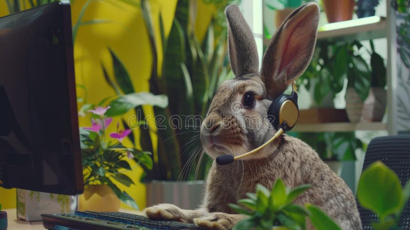 A Rabbit Wearing a Headset is Sitting in Front of a Computer Keyboard ...