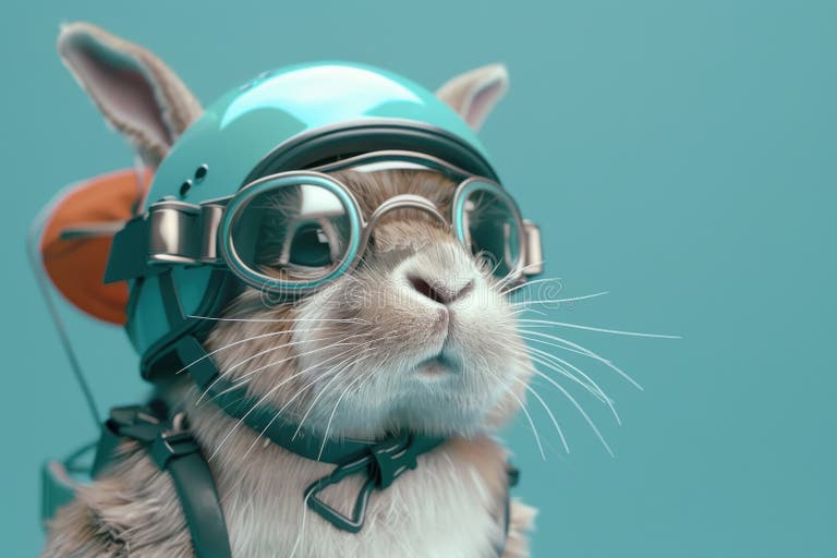 Rabbit Wearing a Helmet and Goggles is Looking at the Camera with ...