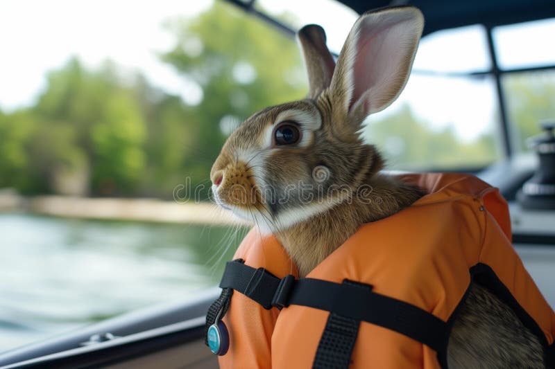 Rabbit Wearing a Life Jacket on a Boat Stock Image - Image of generated ...
