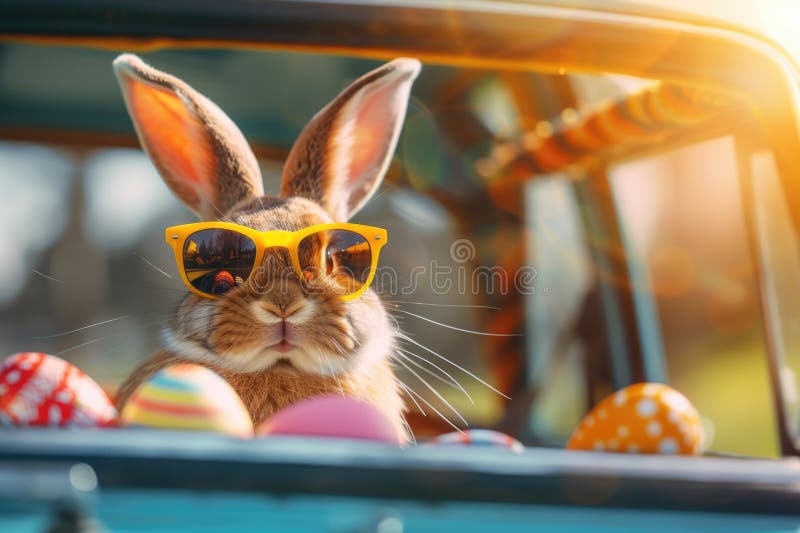 A Rabbit Wearing Sunglasses Sits in the Back of a Truck, Ready for an ...