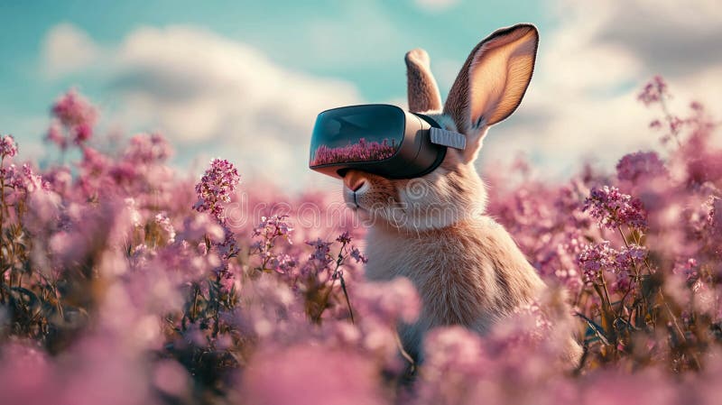 A Rabbit Wearing a VR Helmet in a Field of Pink Flowers Stock ...