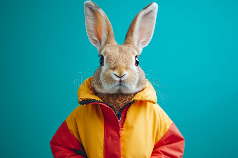 A Rabbit Wearing a Yellow and Red Jacket on a Blue Background Stock ...
