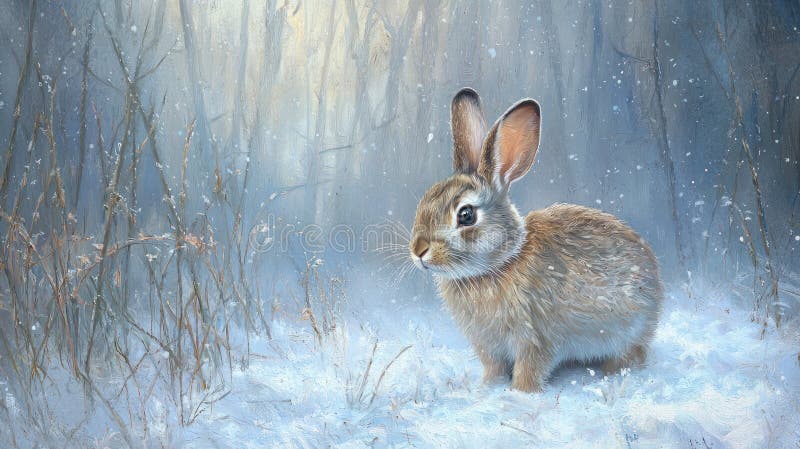 Rabbit in Winter Woodland Landscape, Surrounded by Soft Light and Snow ...