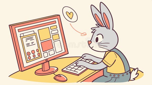 Rabbit Working on Computer Technology Animal Bunny Digital Work Cartoon ...