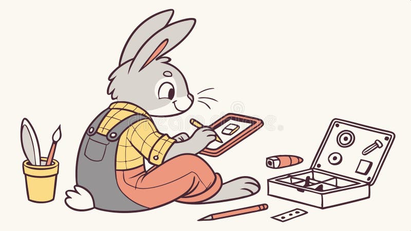 Rabbit Working on Tablet, Tech Animal, Digital Task, Cartoon User ...