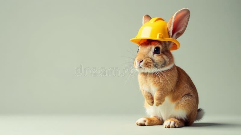 Rabbit in a Helmet of a Worker at a Construction Site Stock Photo ...