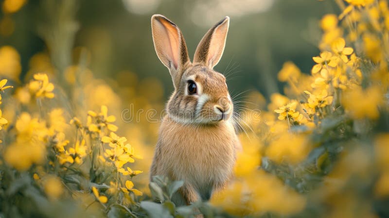 Rabbit in Yellow Flower Field Stock Photo - Image of generated, scenery ...