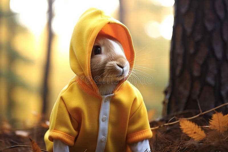 Rabbit in a Yellow Jacket in the Autumn Forest, Cute Animal Stock ...